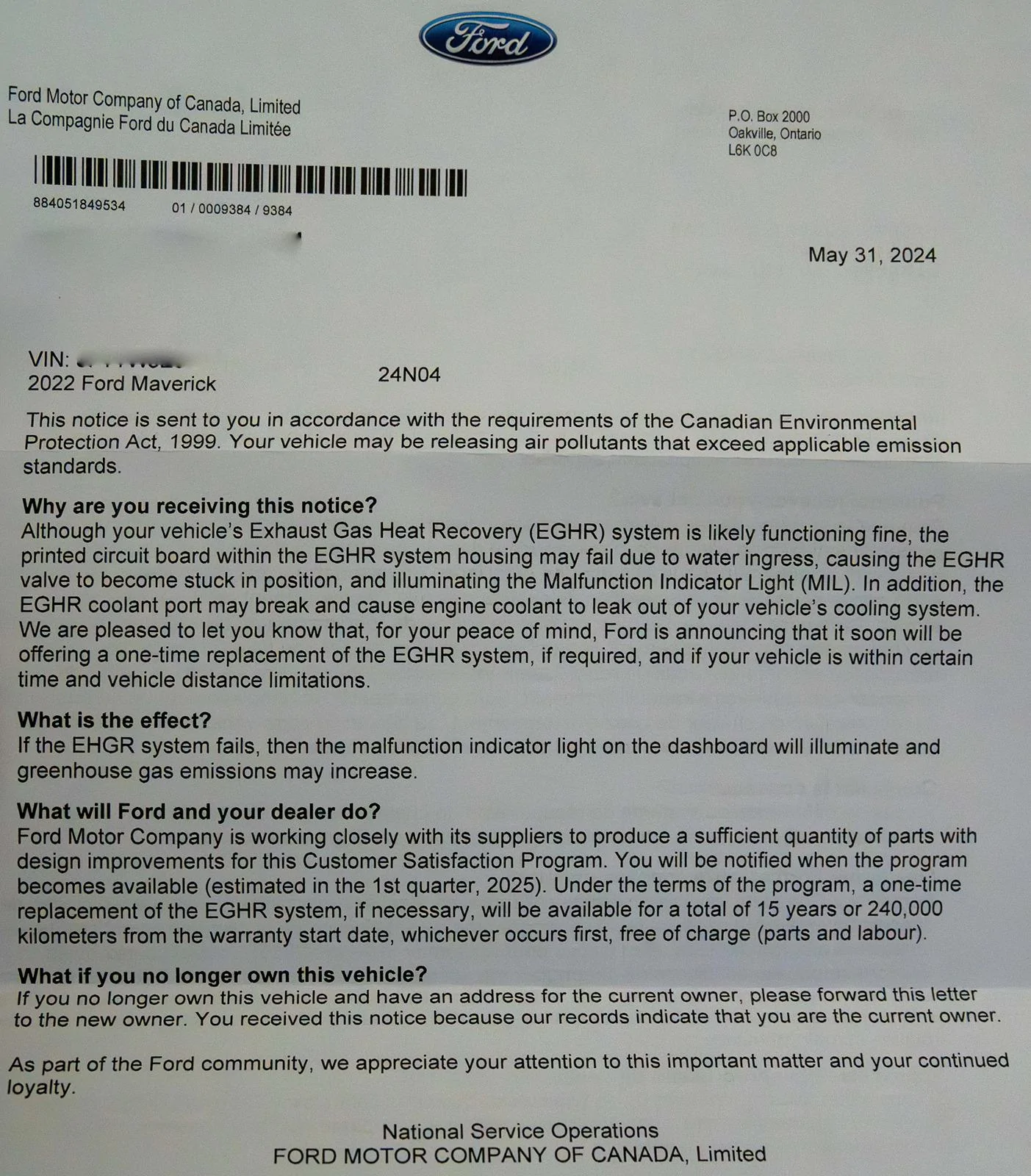 Letter from Ford for 24N04 (Hybrid Exhaust Gas Heat Recovery System ...