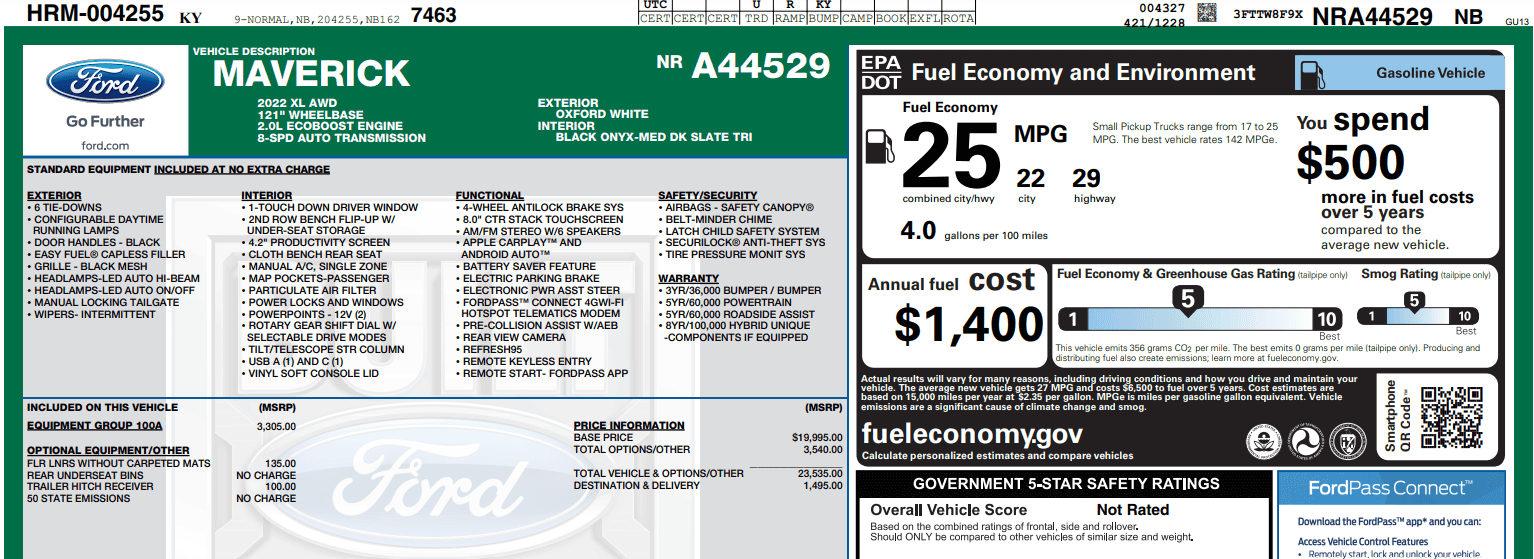 window sticker | MaverickTruckClub - 2022+ Ford Maverick Pickup Forum ...