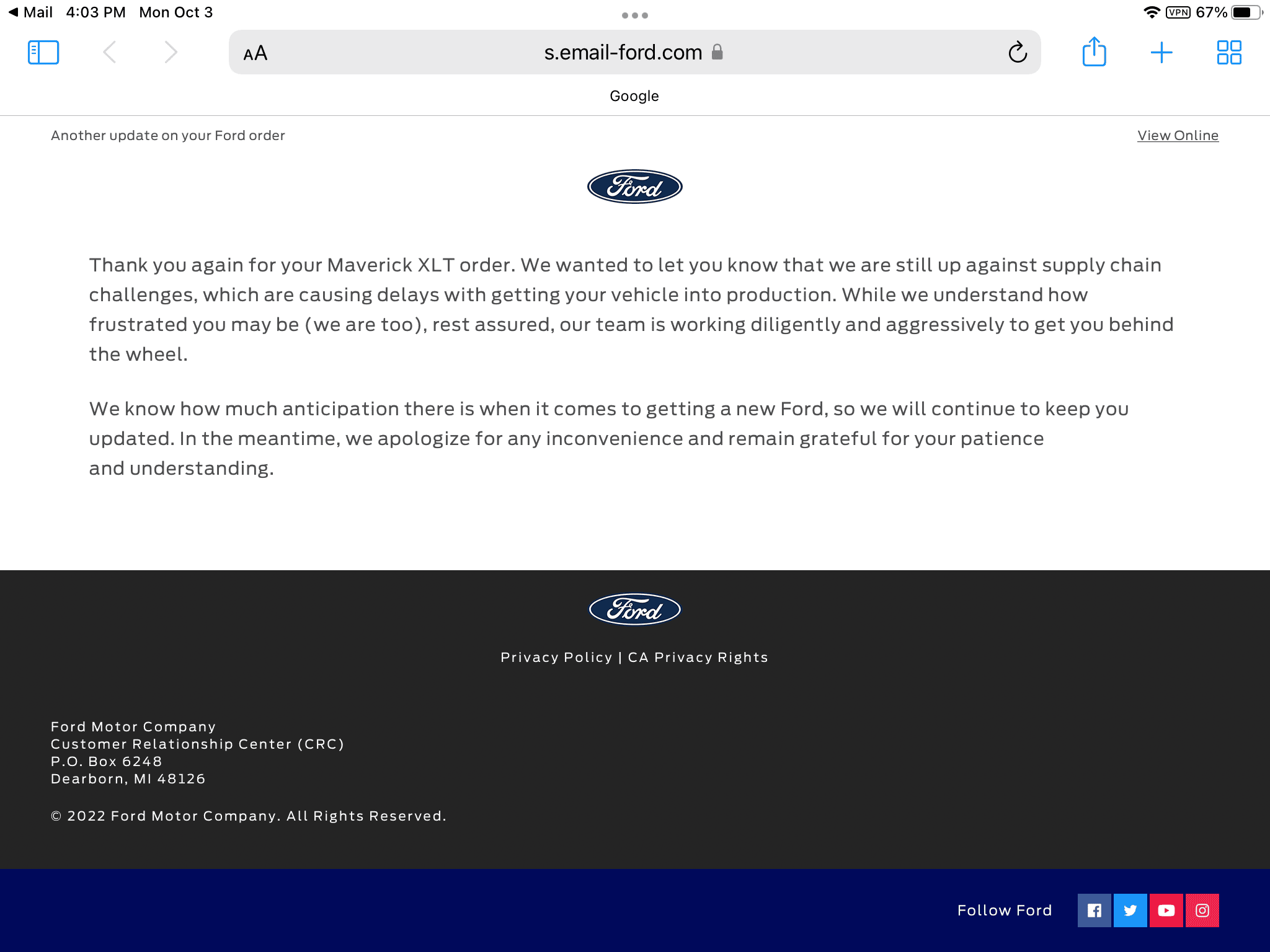 New Email from Ford--"Another update on your Ford order ...